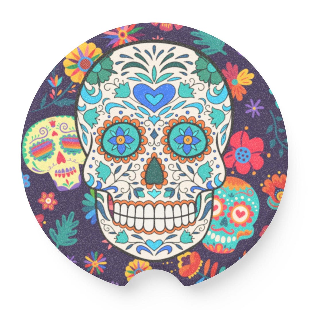Colorful Skull Car Coaster, Day of the Dead Decor, Soapstone Auto ...