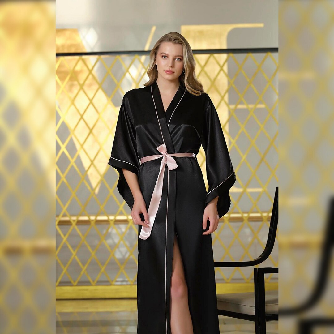 Piping Black Bat Sleeve Dressing Gown, Bat Sleeve Robe, Bridesmaid ...