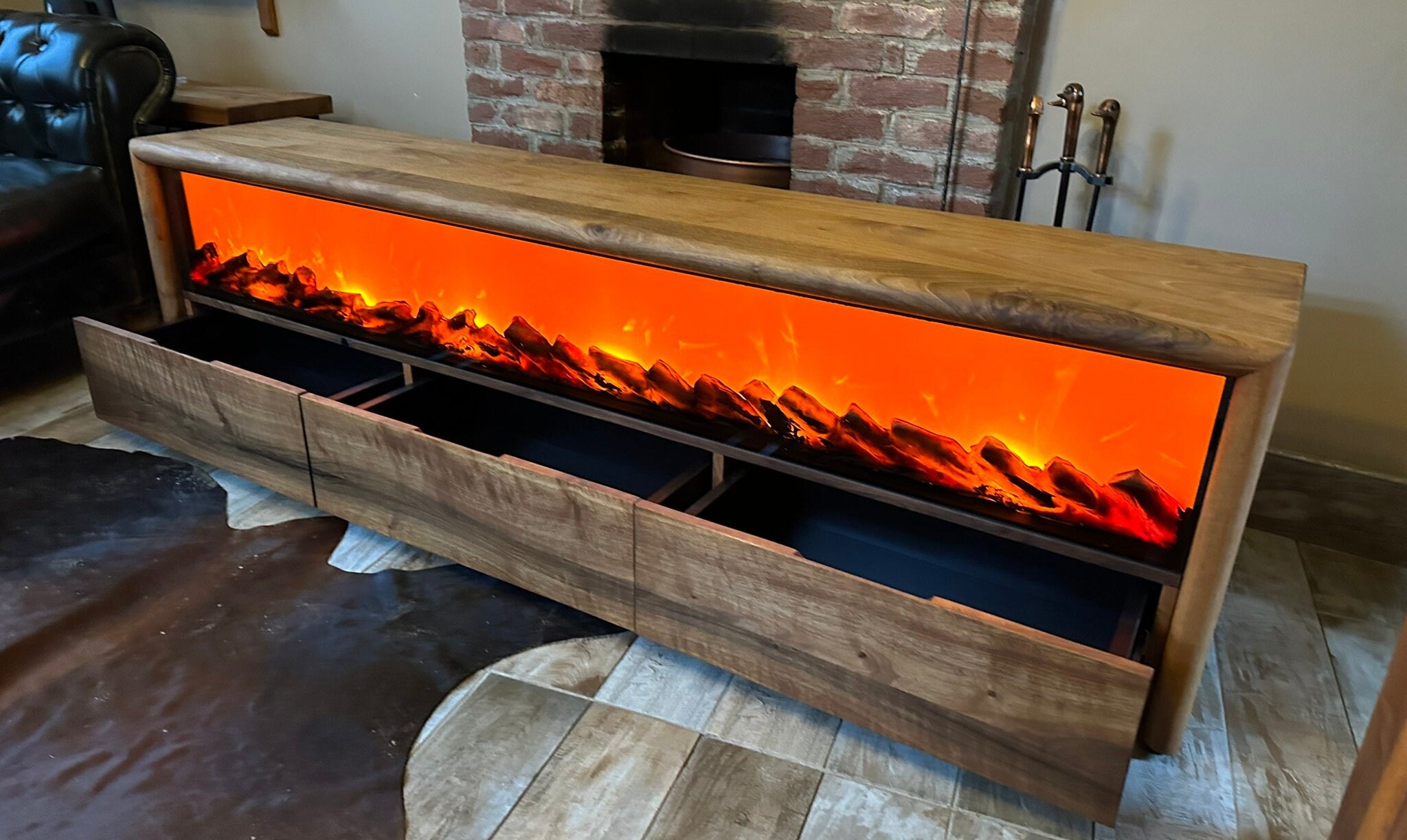 Solid Wood Walnut Tv Stand With Fireplace Handmade Industrial TV Unit Modern TV Console Bluetooth Fireplace With Colorful Flame Sound Etsy UK
