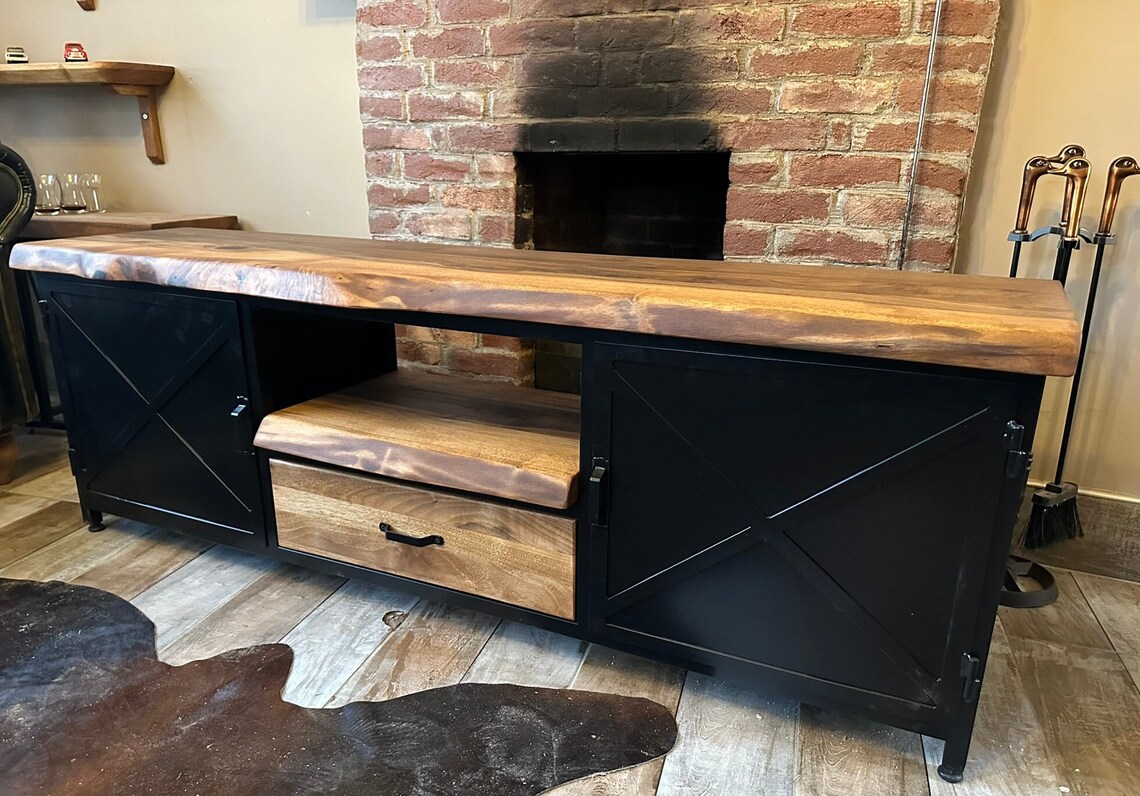 Walnut Wood Metal TV Stand With Drawers / Handmade Modern Solid Wood TV ...