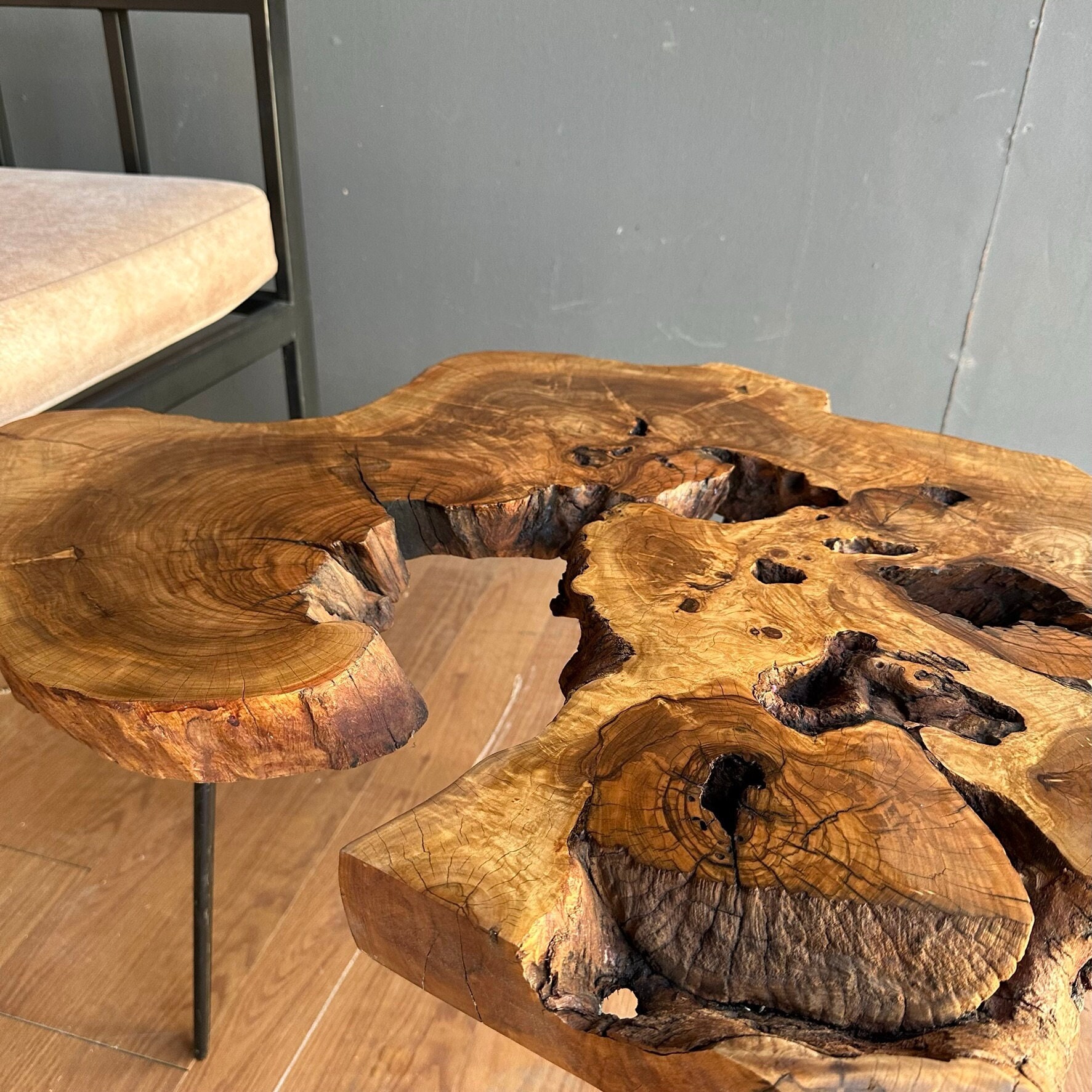 Olive Wood Round Coffee Table / Handmade Solid Wood Coffee Table / Coffee Table With Metal Legs ...