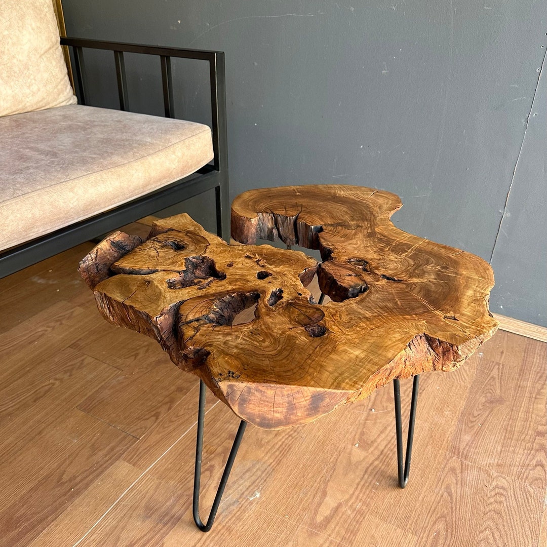 Olive Wood Round Coffee Table / Handmade Solid Wood Coffee Table / Coffee Table With Metal Legs ...
