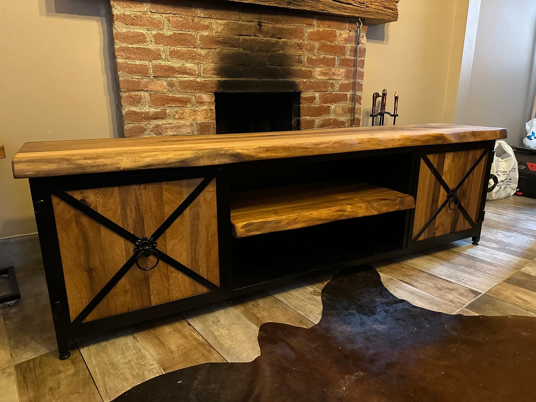 Solid Wood Walnut Handmade Tv Console With Metal / Industrial Tv Stand ...