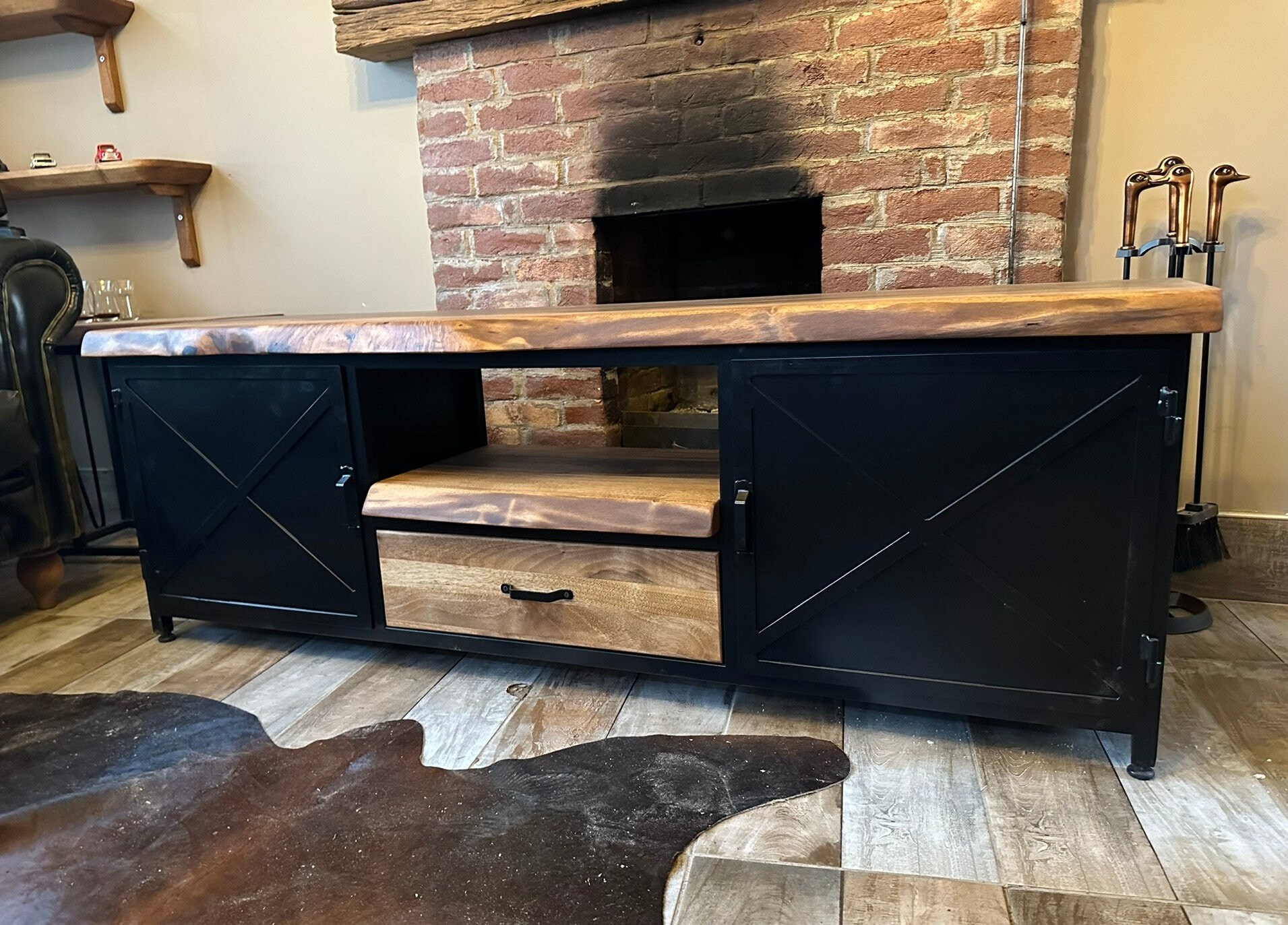 Walnut Wood Metal TV Stand With Drawers / Handmade Modern Solid Wood TV ...