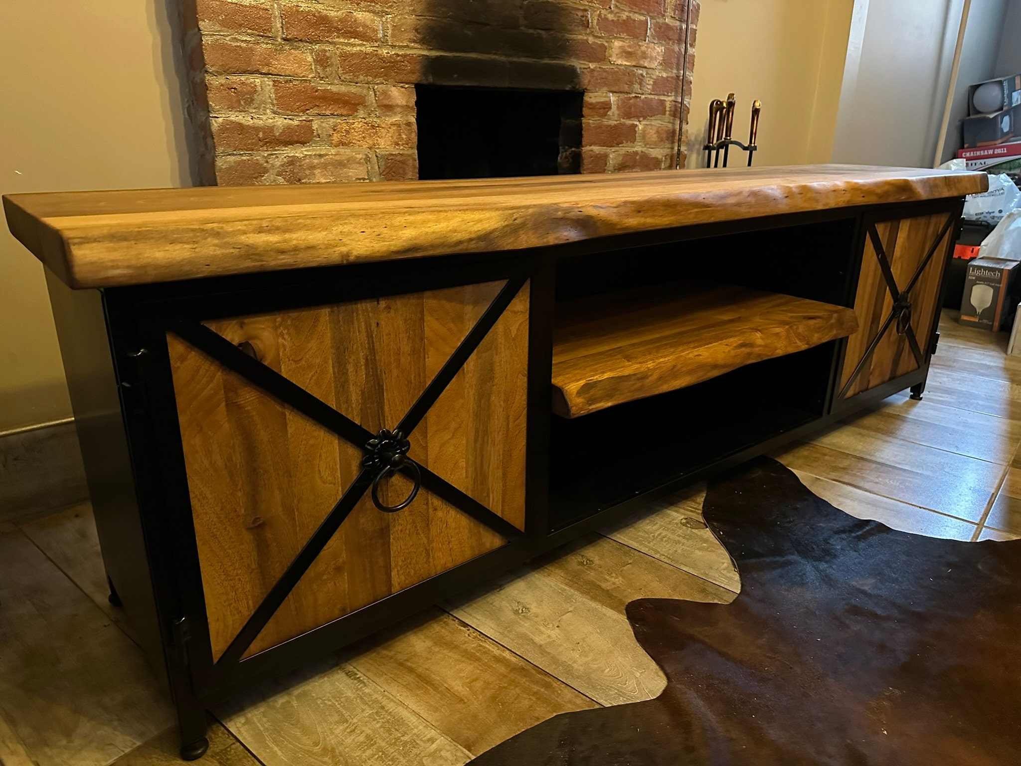 Solid Wood Walnut Handmade Tv Console With Metal / Industrial Tv Stand ...