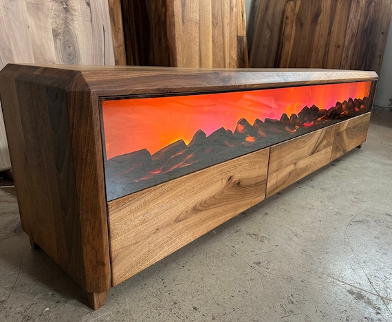 Solid Wood Walnut TV Stand With Electric Fireplace Handmade Industrial TV Unit Modern TV Console Walnut Tv Cabinet Media Console Etsy Canada