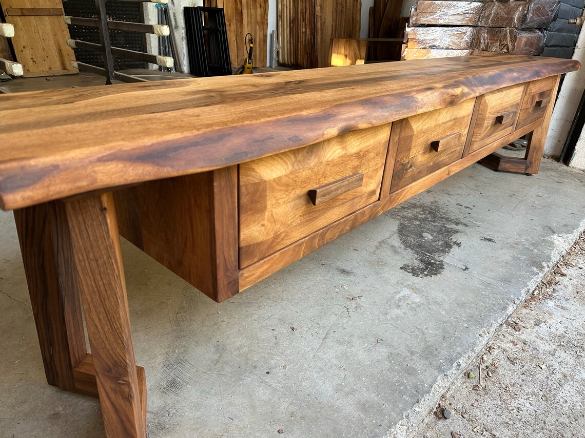 Handmade Walnut Wood Tv Stand With Drawer / Modern Solid Wood Tv Stand ...