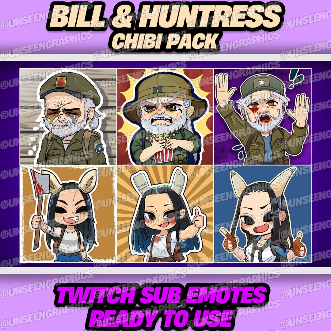 Dead by Daylight Twitch Sub Emotes Bill and Huntress Chibi Pack 6 Pack ...