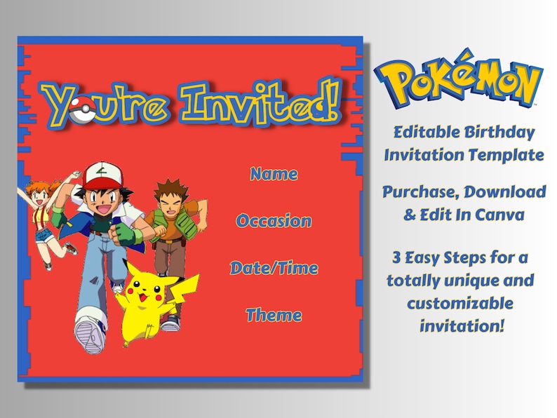Pokemon Themed Birthday Invitation Canva Template Invitation - Etsy