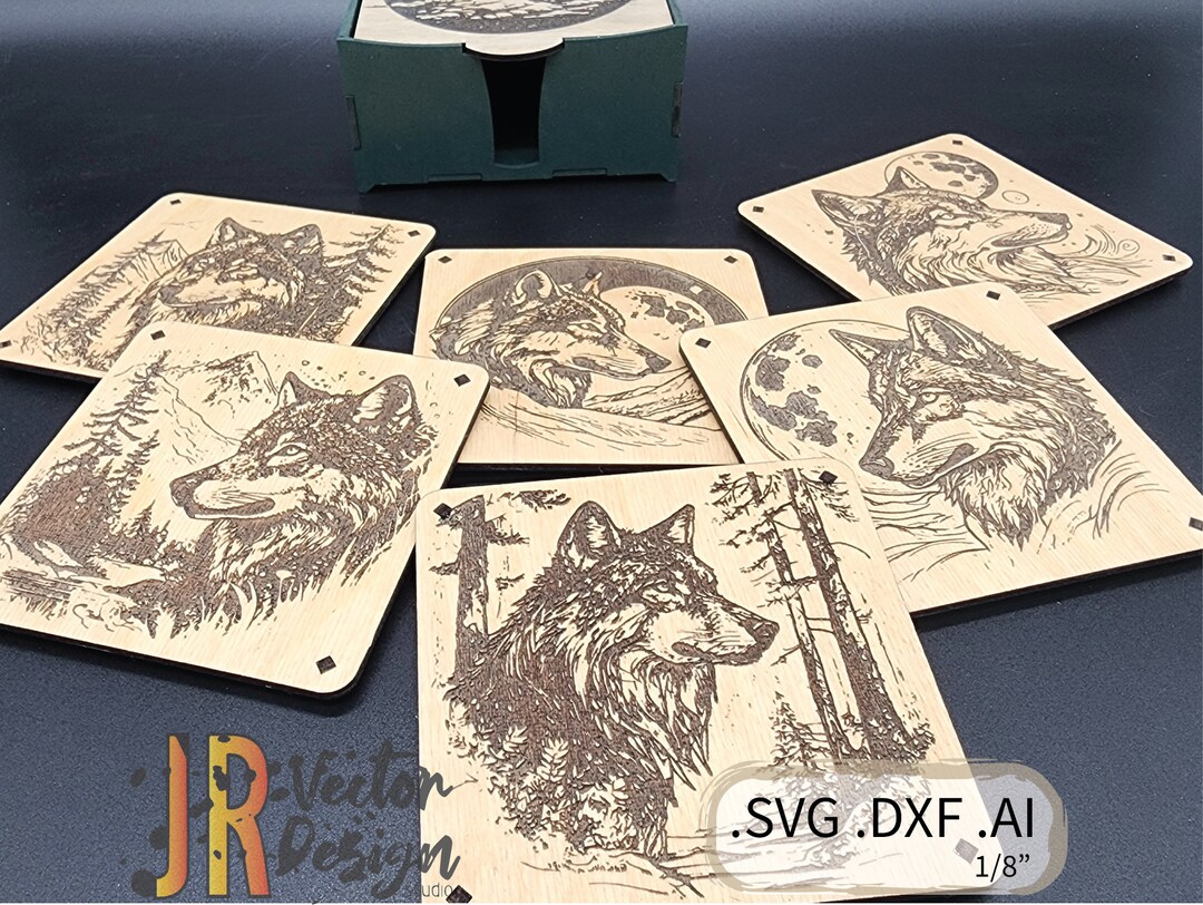 Wolf Coaster Set With Box SVG DXF AI - Etsy