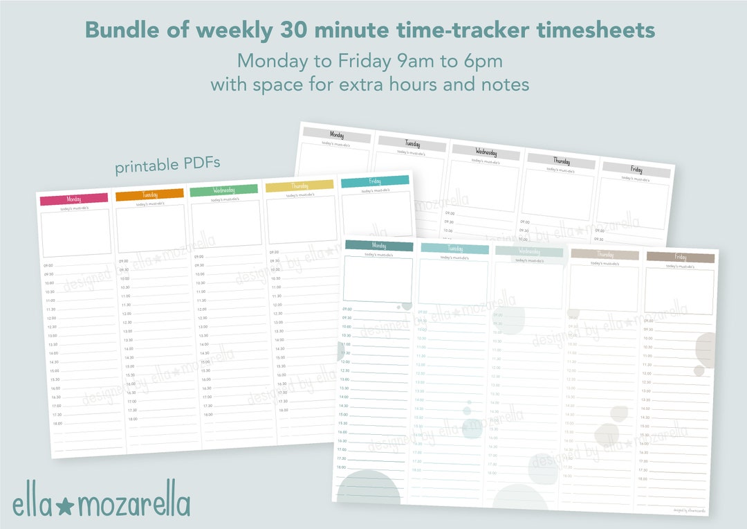 Bundle of Weekly 30 Minute Timetracker Timesheets, Work Log, Employee ...