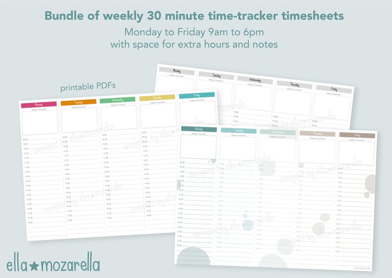 Bundle of Weekly 30 Minute Timetracker Timesheets, Work Log, Employee Time Sheet, Time Tracker ...