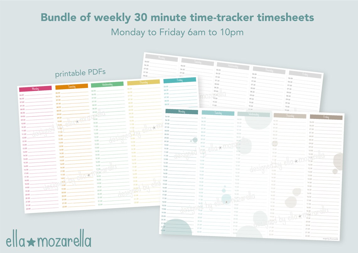Bundle of Weekly 6am-10pm Timetracker Timesheets, Work Log, Employee ...