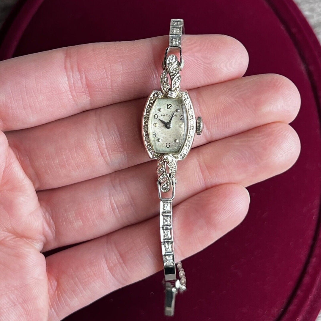 Vintage Hamilton 14k White Gold Cocktail Ladies Wrist Watch Silver Tone ...
