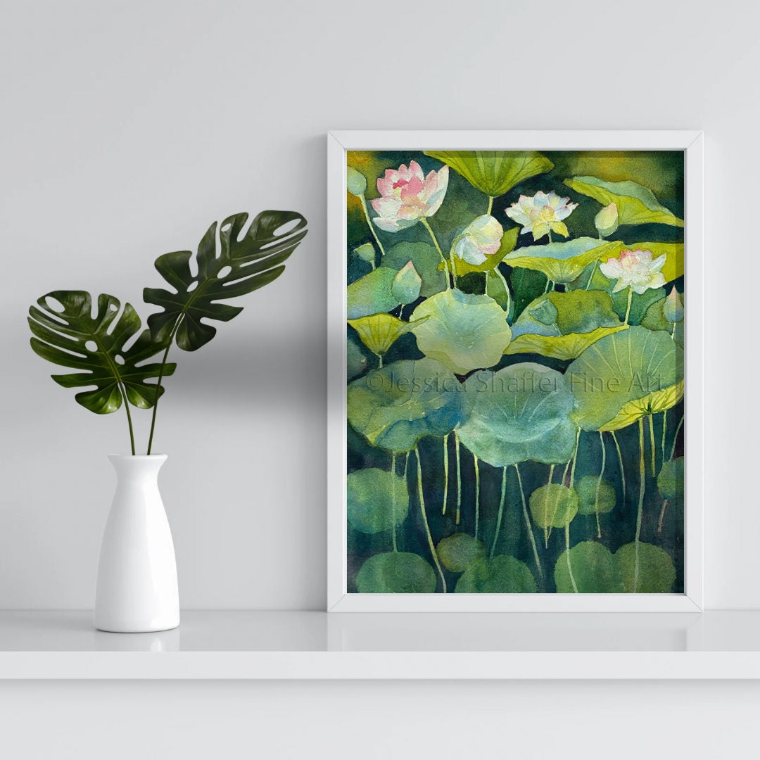 Lotus Pond Watercolor Wall Art, Lotus Flower Watercolor Print, Wickford ...