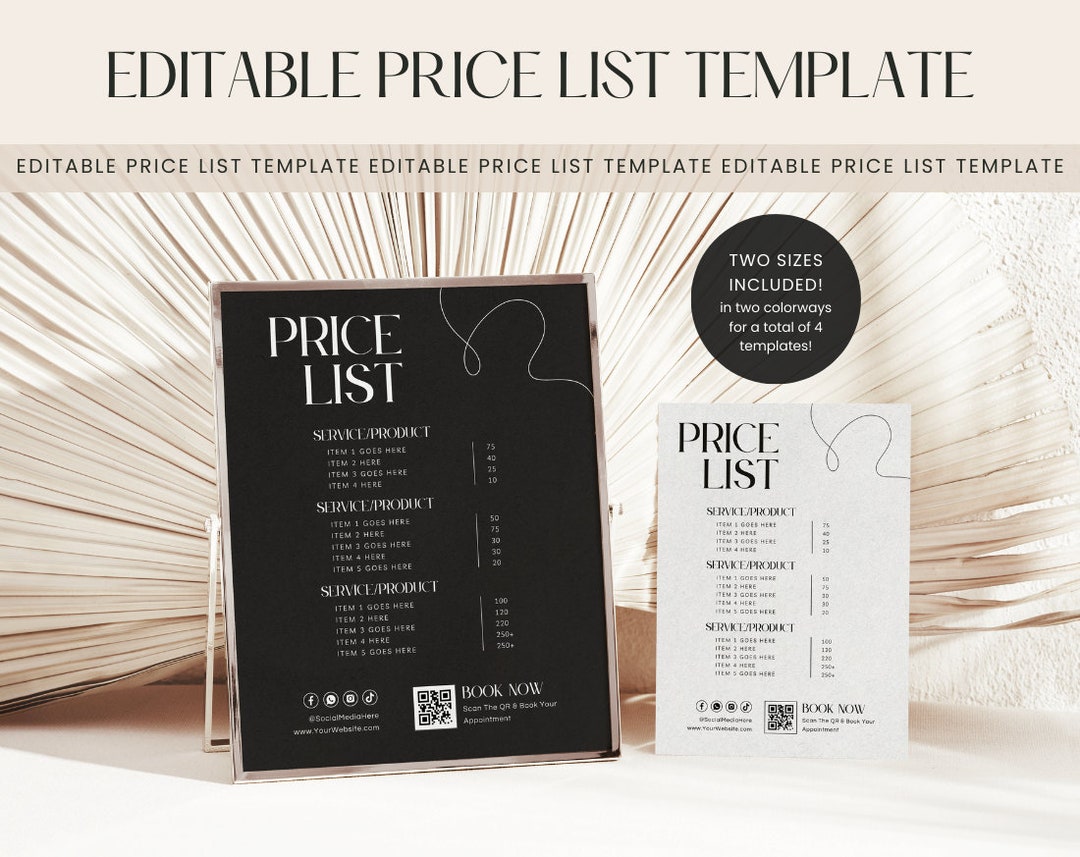 Editable Price List Template: Minimalist Services Menu (8x10 & 5x7 ...