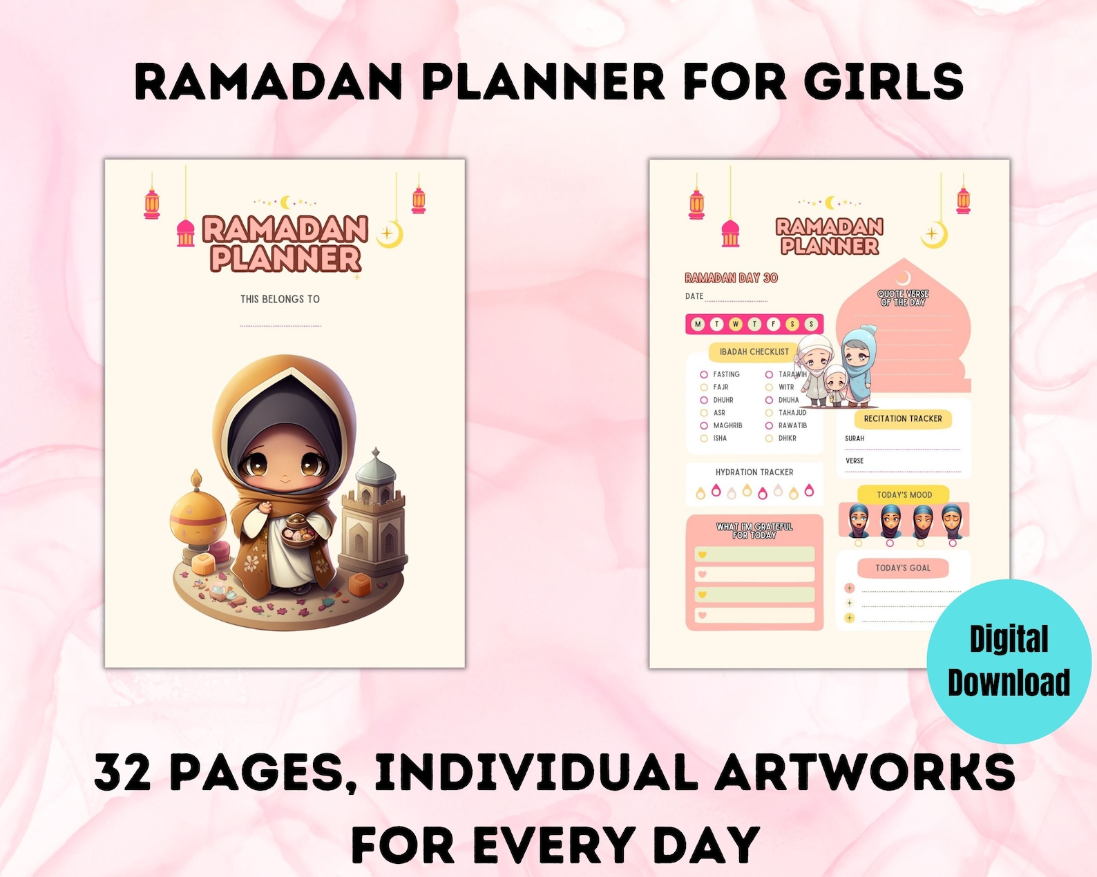 Ramadan Planner for Girls, Ramadan Planner 2024, Cute Design, Digital ...