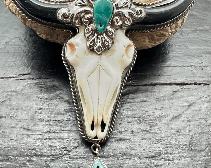 Bullhead Skull Pendant, Bone Carved Bullhead, Tibetan Silver,turquoise ...