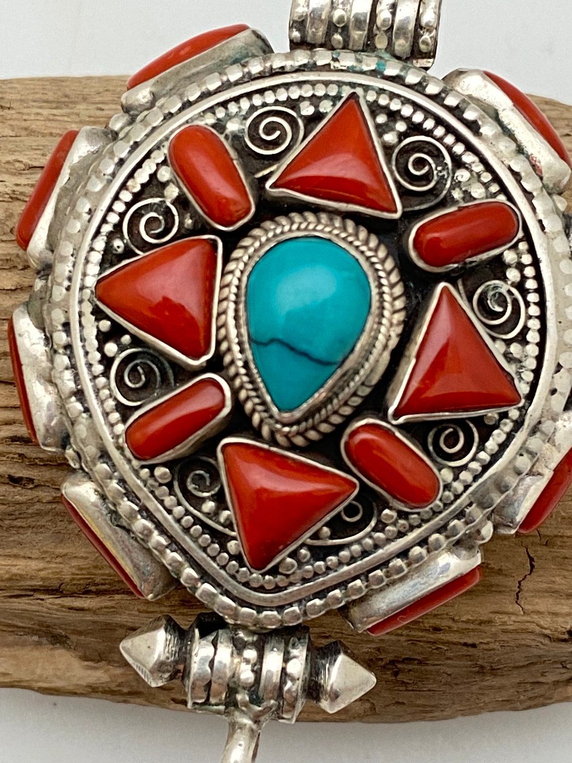 Ghau Small Prayer Box Pendant, Inlaid Coral and Turquoise, Handcrafted ...