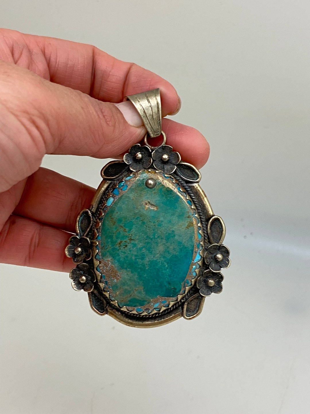 Turquoise Pendant,turquoise With Gold Matrix,handcrafted,tibetan Silver ...