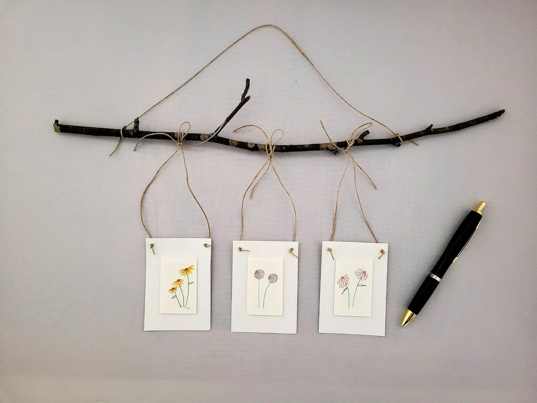 Twig Art: One-of-a-kind, Watercolor Wildflowers, Original Art, Hemp ...