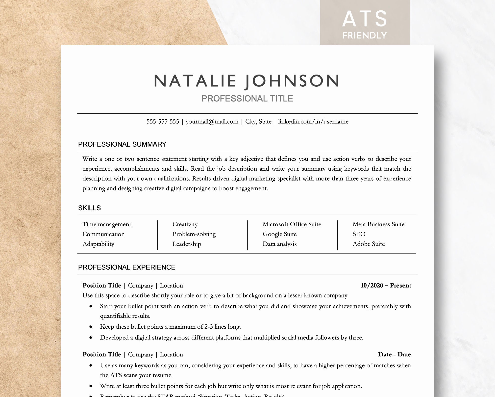 ATS Friendly Resume Template for Google Docs, Word & Pages, Resume and ...