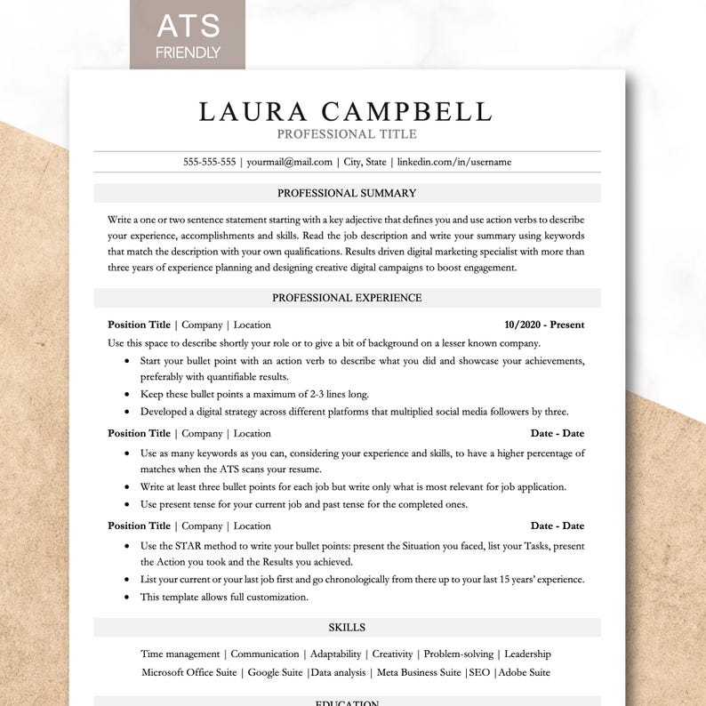 ATS Friendly Resume Template Google Docs, Word & Pages, Cover Letter ...