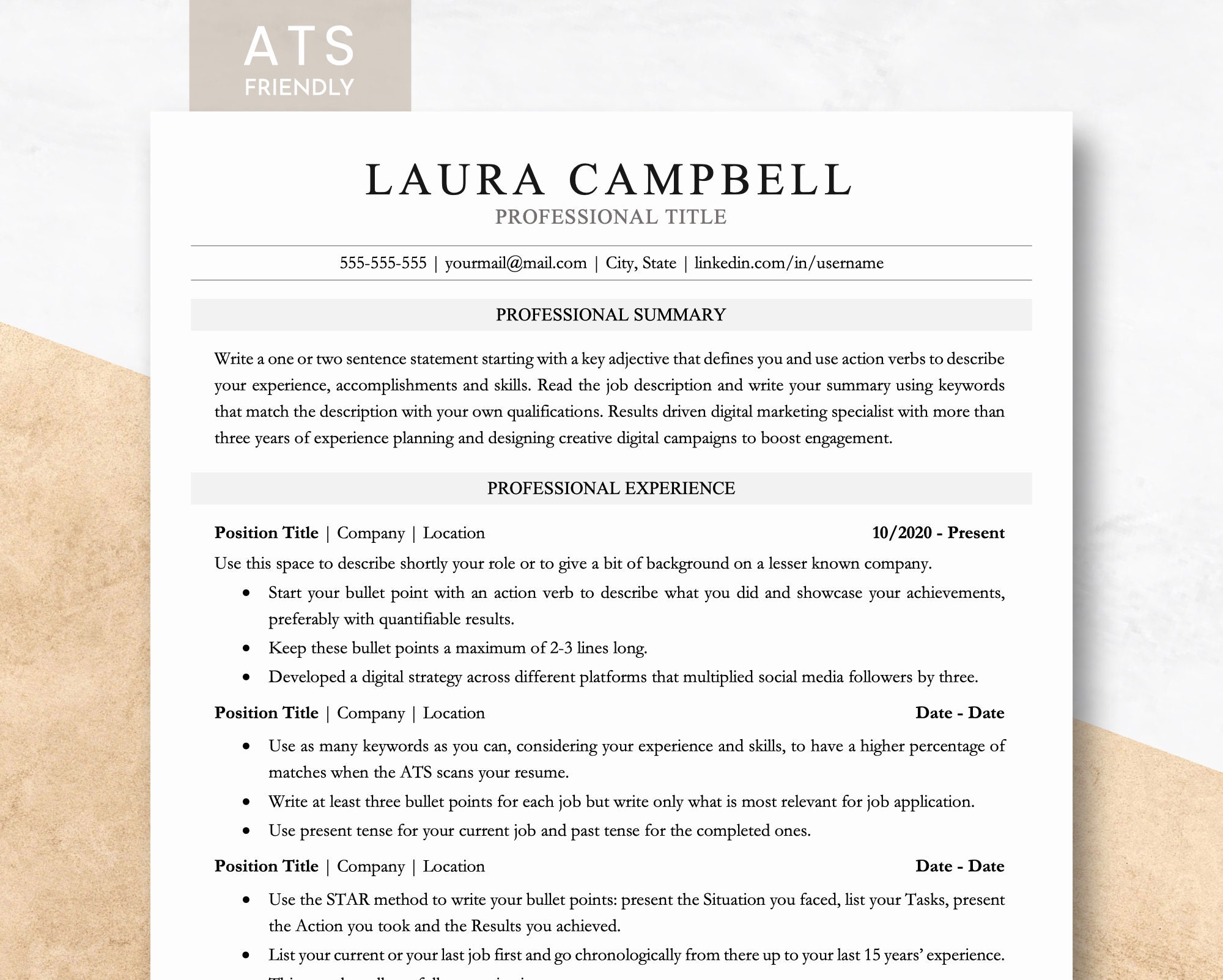 ATS Friendly Resume Template for Google Docs, Word & Pages, Resume and ...