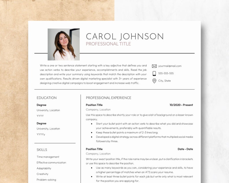 Minimalist Resume Template With Photo for Google Docs, Word & Pages ...