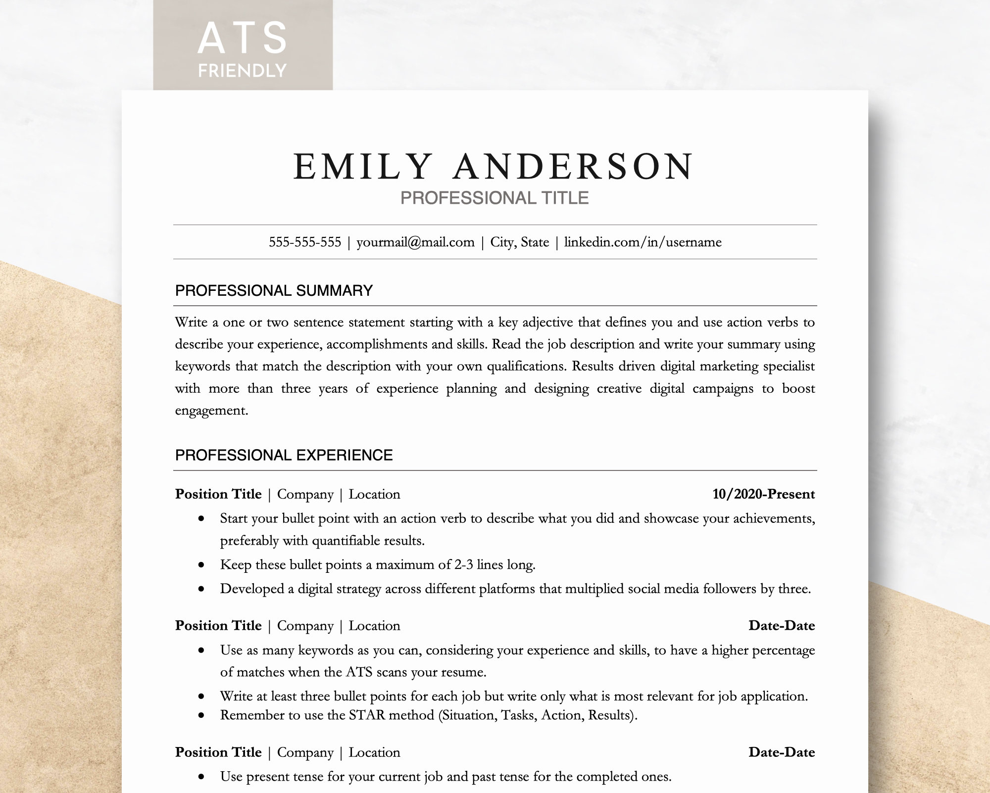ATS Friendly Resume Template for Google Docs, Word & Pages, Resume and ...