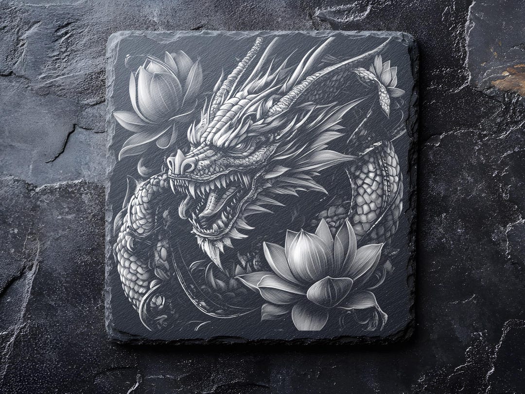 Lotus Dragon PNG Slate Coaster Engraving, Goth Png Slate Board, Cutting ...