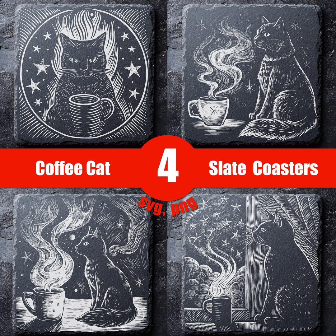 Coffee Cat Coasters Bundle SVG, PNG, Slate Coaster Engraving, Coffee ...