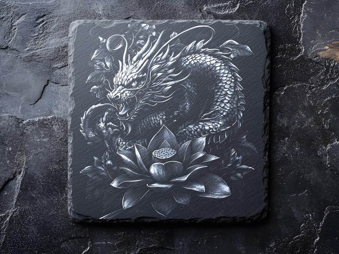 Lotus Dragon PNG Slate Coaster Engraving, Goth Png Slate Board, Cutting ...
