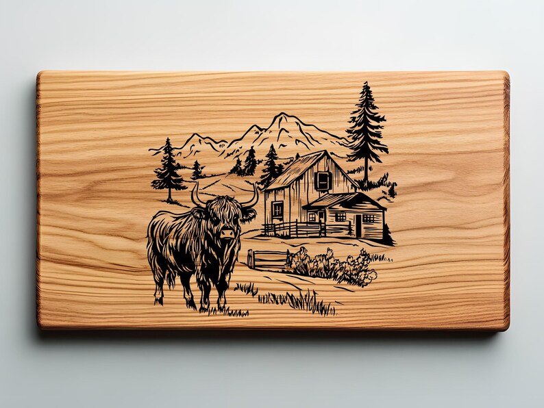 Highland Cow Charcuterie, Country Scene Cutting Board Laser Engrave SVG ...