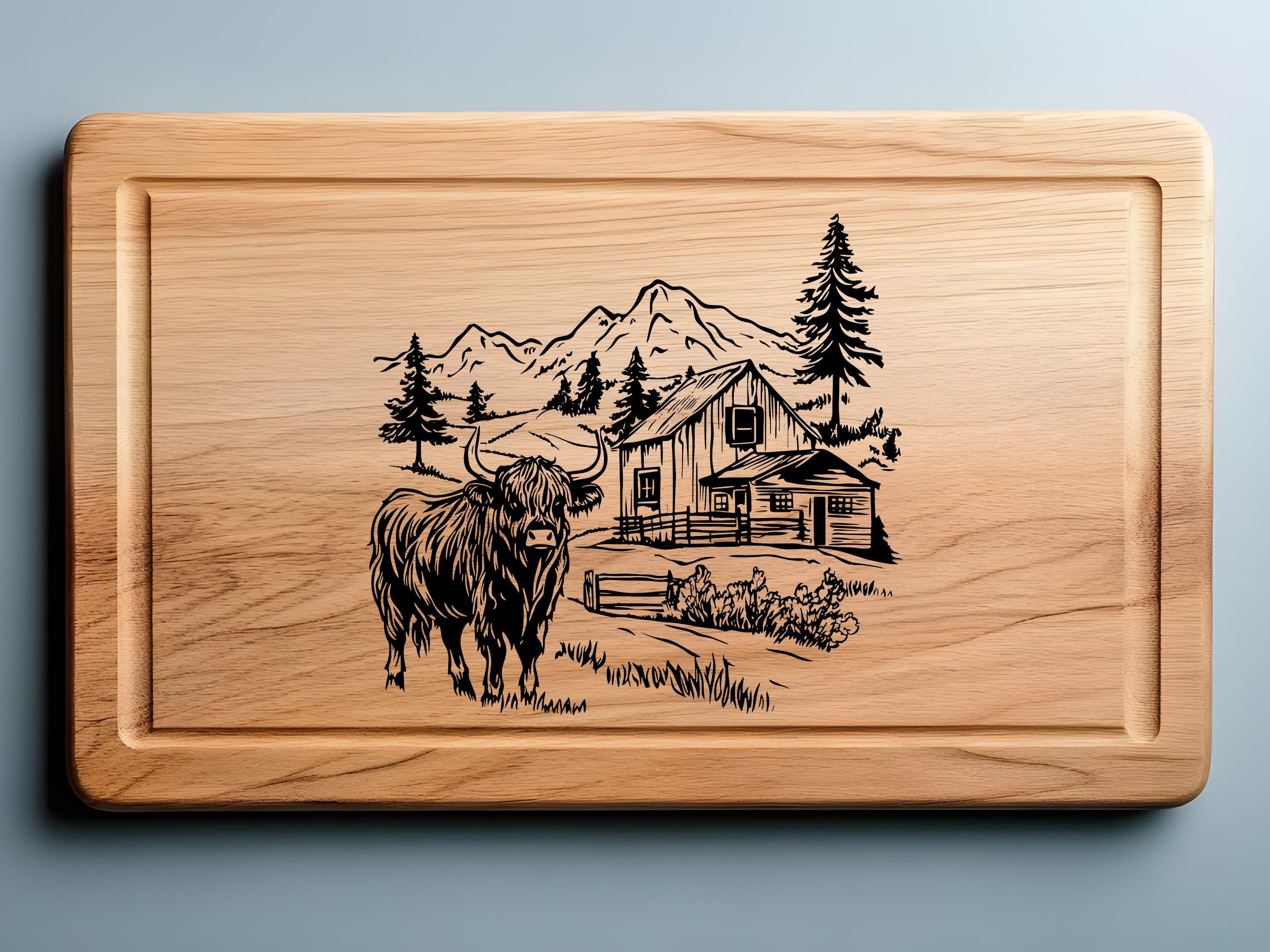 Highland Cow Charcuterie, Country Scene Cutting Board Laser Engrave SVG ...