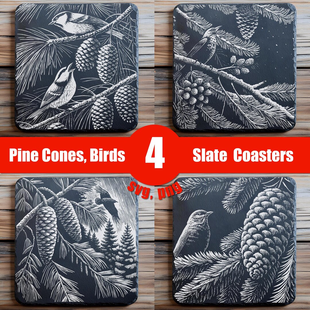 Birds Pine Cone Coaster Set Of 4 Svg Png Slate Coaster Svg Slate