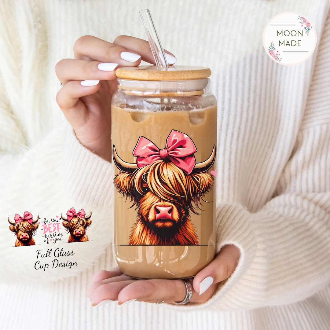 Highland Cow Glass Cup Design Cute Pink Bow Iced Coffee Cup, Coquette ...