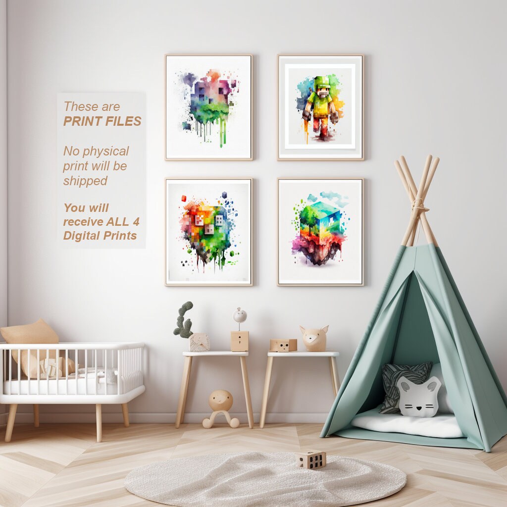 Watercolor Minecraft Digital Paintings | Set of 4 Prints | Original ...