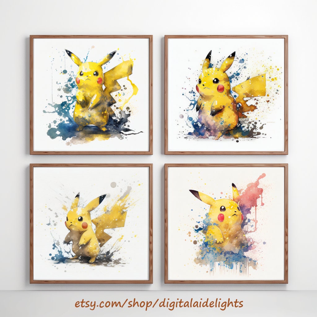 Watercolor Pikachu Digital Paintings | Set of 4 Prints | Original Wall ...