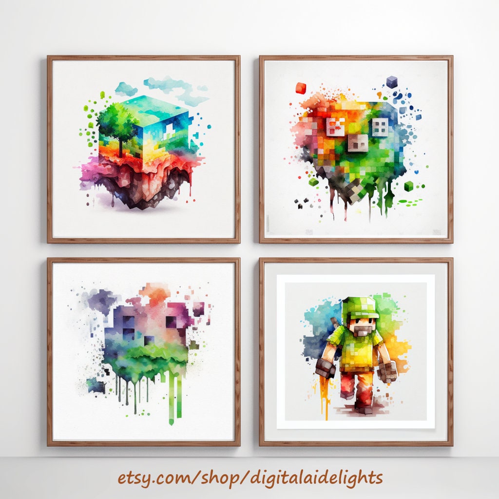 Watercolor Minecraft Digital Paintings Set of 4 Prints Original Wall ...