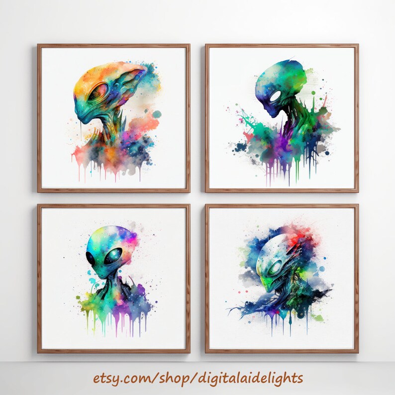 Watercolor Alien Digital Paintings | Set of 4 Prints | Original Wall ...