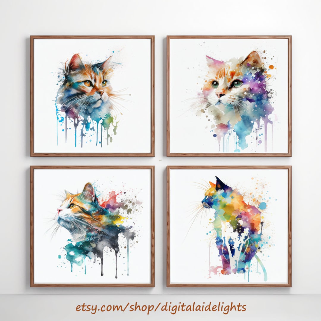 Watercolor Cats Digital Paintings | Set of 4 Prints | Original Wall ...