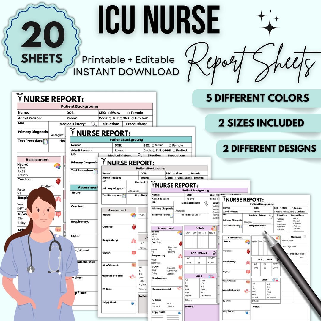 ICU Nurse Report Sheet ICU Nurse Handoff Sheet Editable & Printable ...