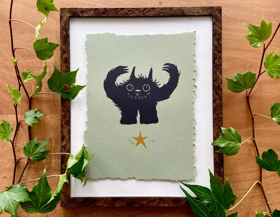 Cute Gothic Monster Linocut Print - Wall Art on Sage Green Paper ...