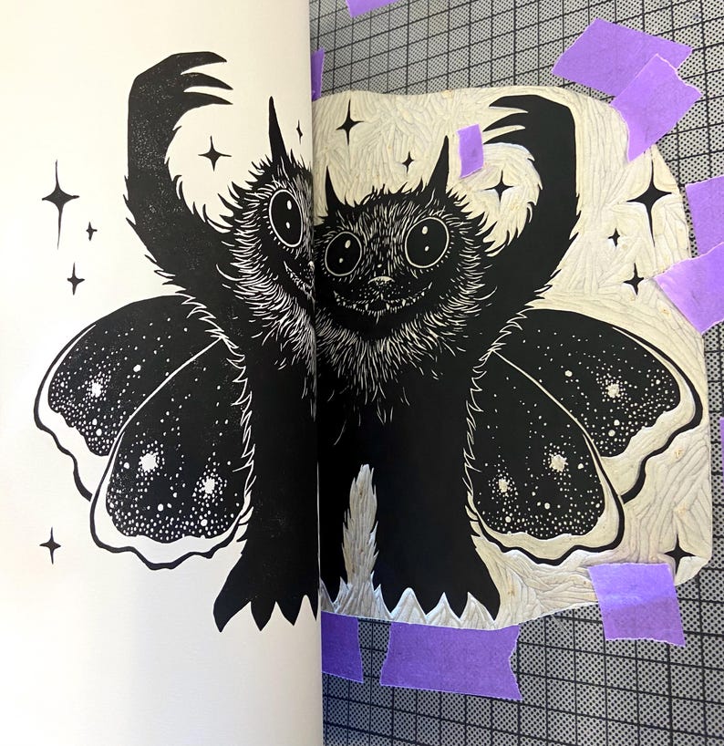 Monster Linocut Print - Handmade Black Gothic Illustration - Gift for ...