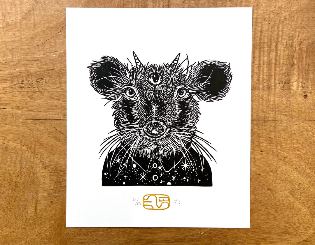 Spooky Fantasy Mouse Lino Print Black Gothic Wall Art Fairytale Animals ...