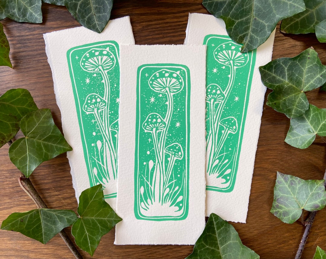 Handmade Mushroom Bookmarks Lino Print Fairytale Spring Green Bookmark ...