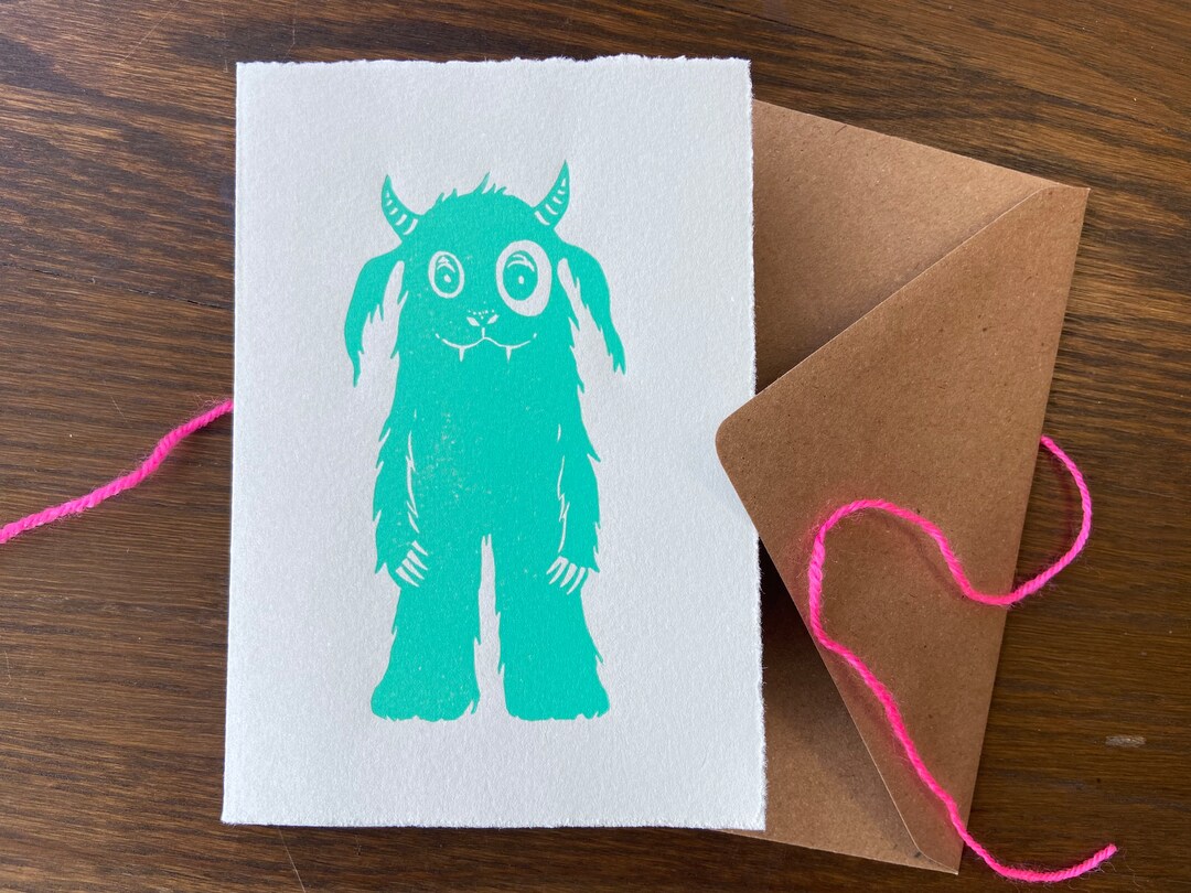 Green Monster Linocut Card Unique Fairytale and Cute Fantasy Animal ...