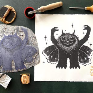 Monster Linocut Print - Handmade Black Gothic Illustration - Gift for ...