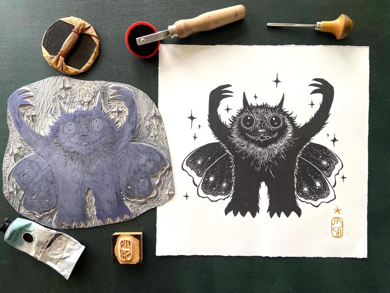 Monster Linocut Print - Handmade Black Gothic Illustration - Gift for ...